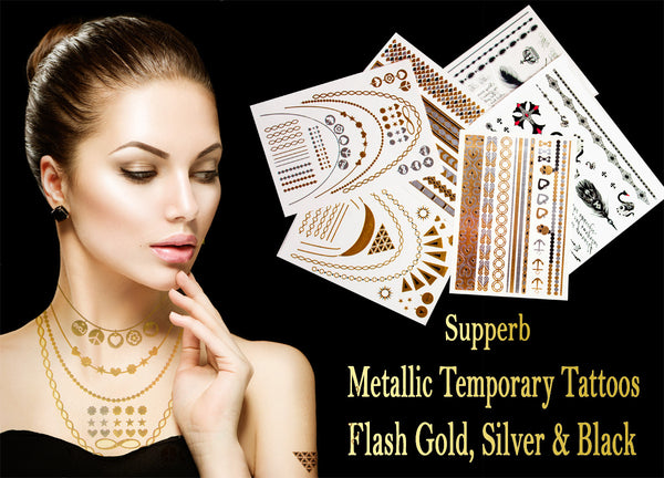 6-pack Metallic Tattoos Gold Silver & Black Body Temporary Metallic Ta ...