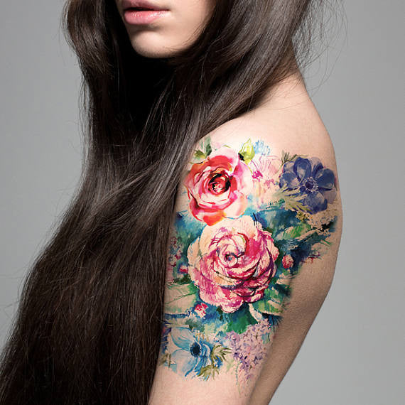 Supperb Large Temporary Tattoos - Watercolor Painting Bouquet of Summe ...